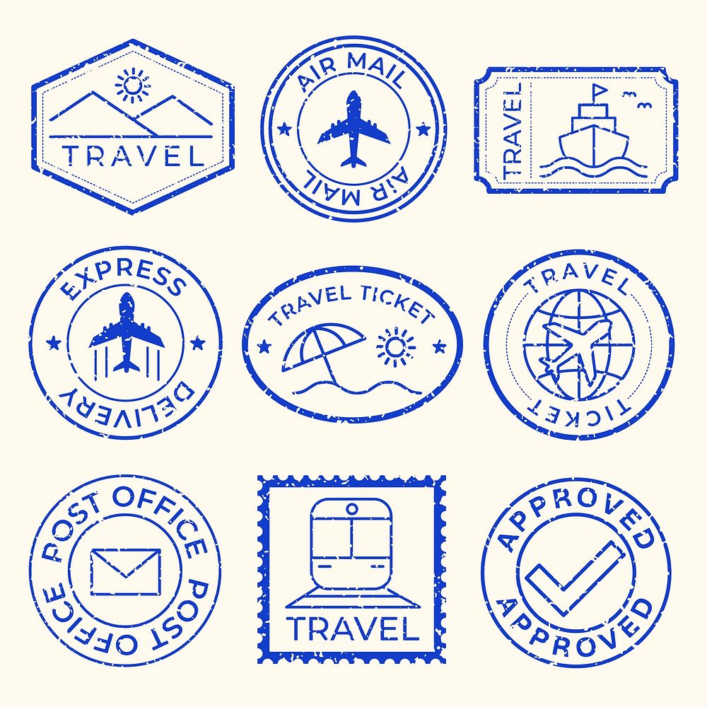 Set blue travel stamps featuring | Free Vector - rawpixel