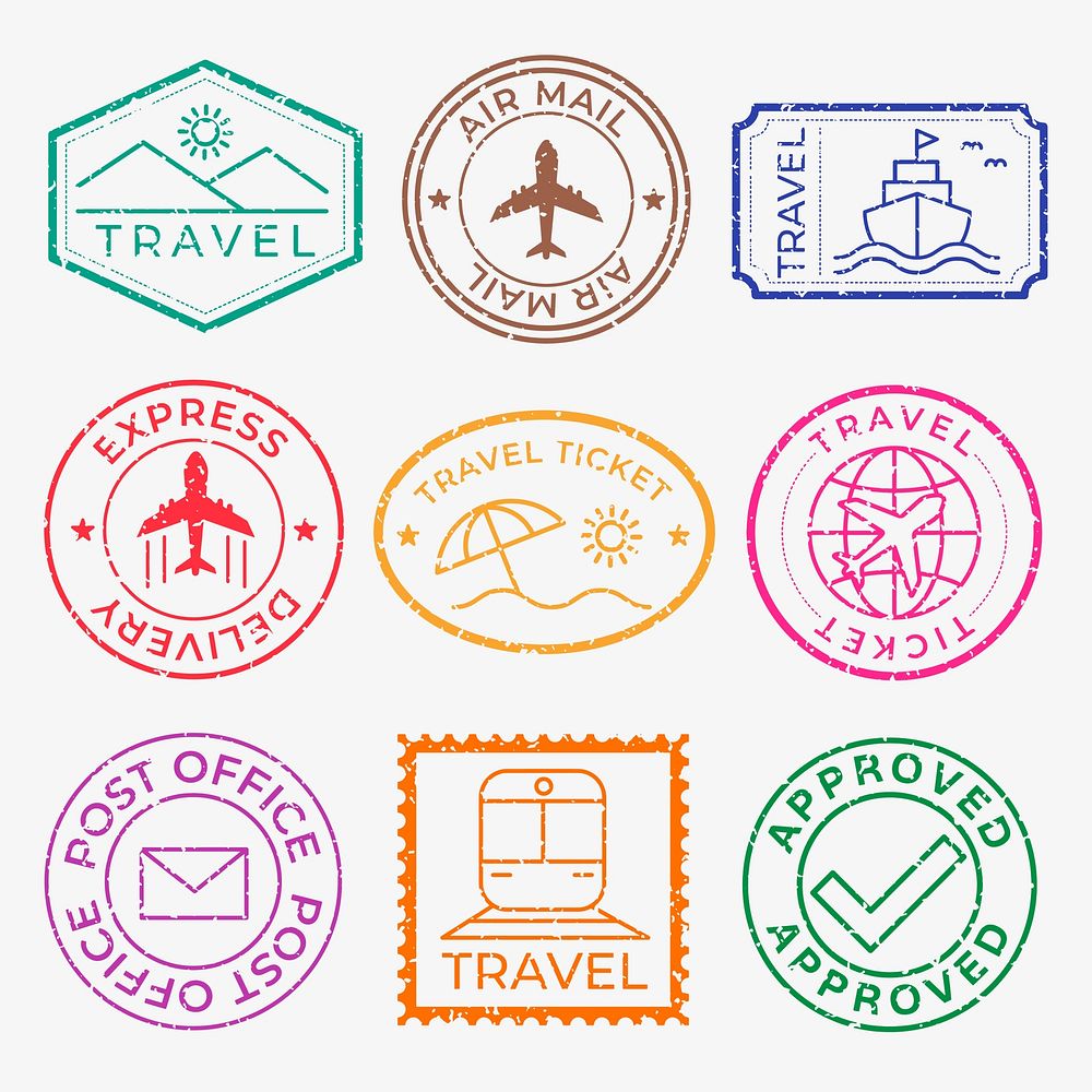 Colorful travel stamps planes, ships, | Free Vector - rawpixel