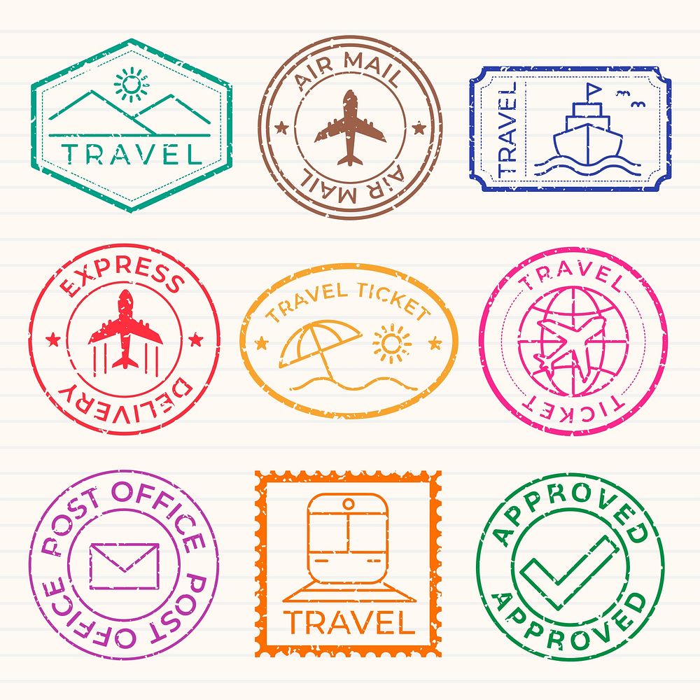 Colorful travel stamps featuring planes, | Free Vector - rawpixel