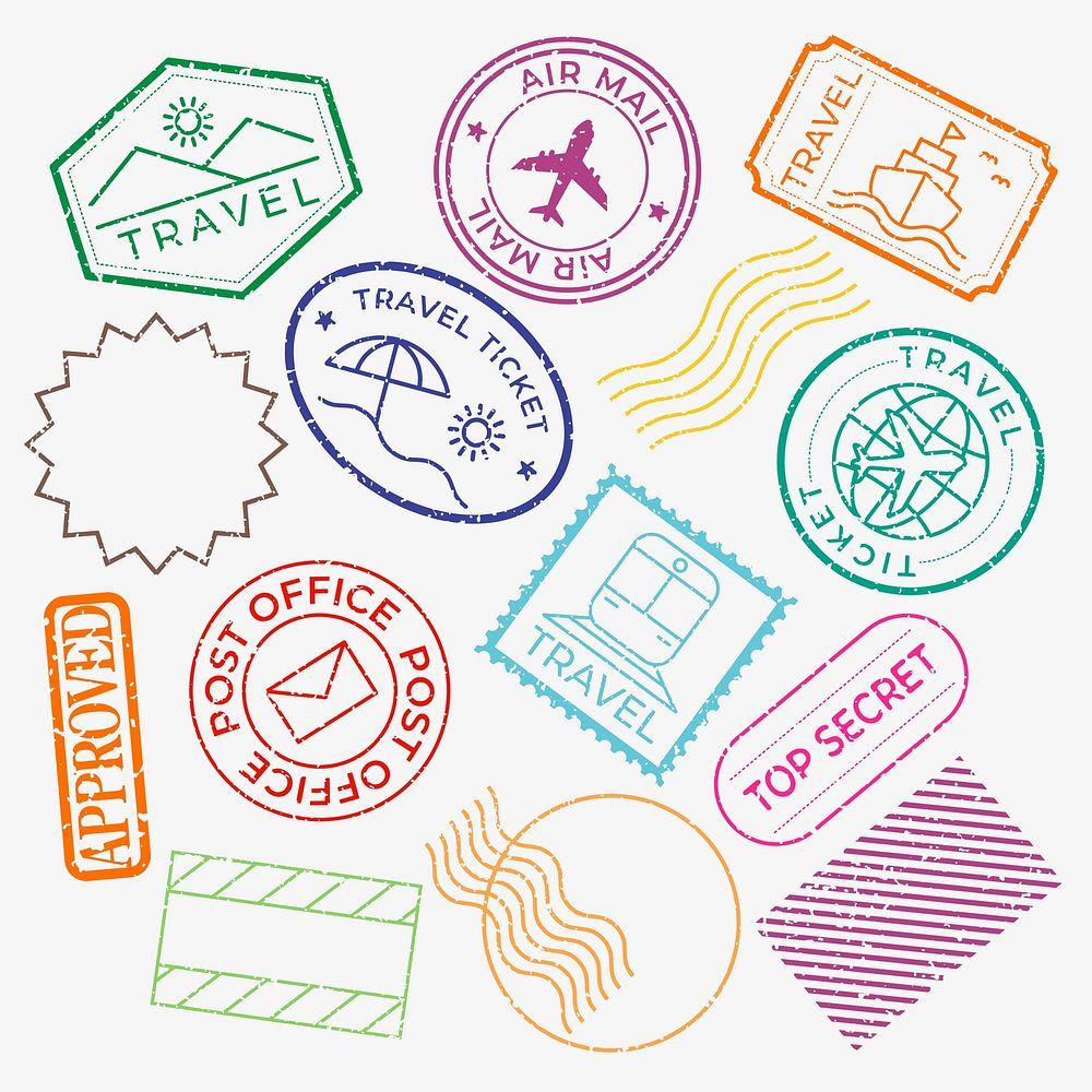 Colorful travel stamps travel themes, | Free Vector - rawpixel