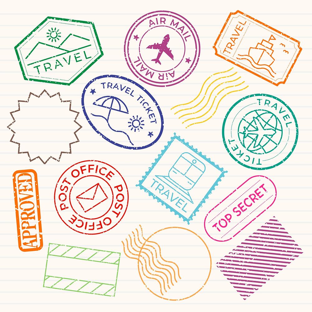 Colorful travel stamps travel icons | Free Vector - rawpixel