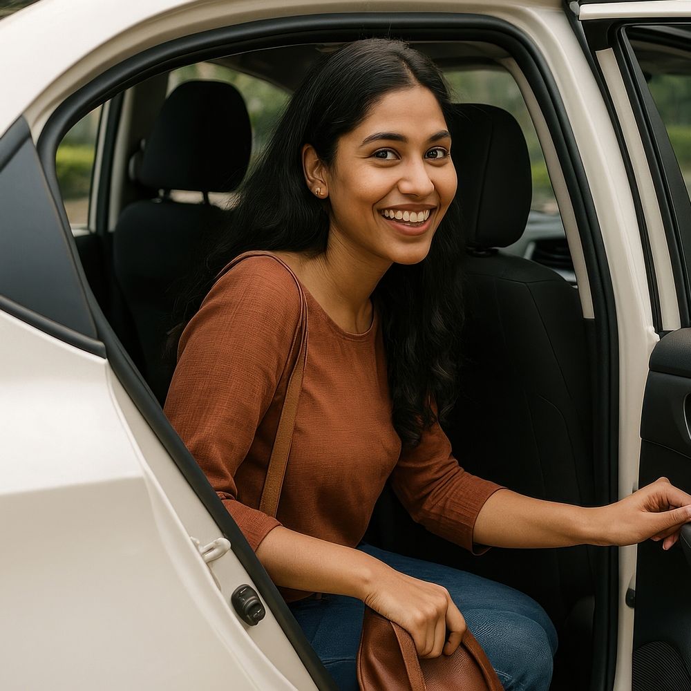 Woman exiting car smiling | Free Photo - rawpixel