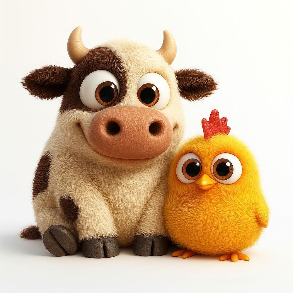 Cute cartoon cow chicken friends | Free Photo Illustration - rawpixel