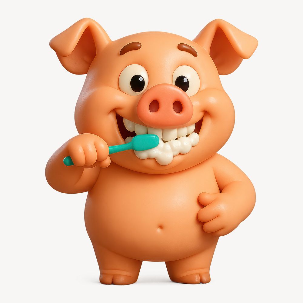 Cheerful pig brushing teeth | Free Photo Illustration - rawpixel
