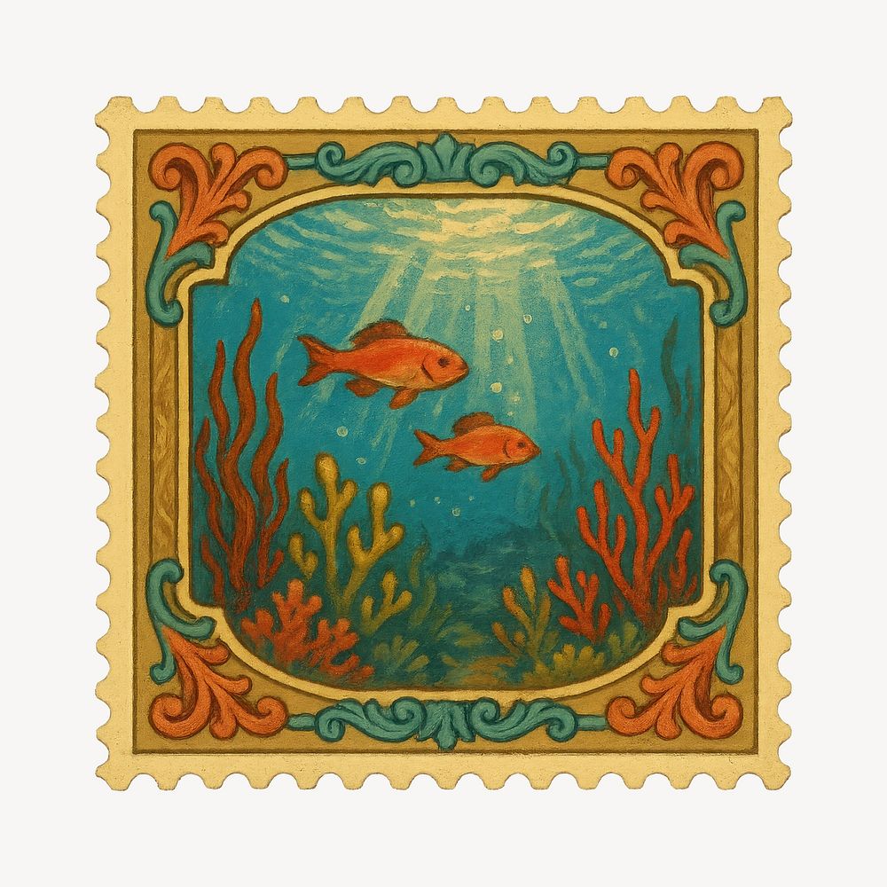 Vintage aquatic stamp illustration | Free Photo Illustration - rawpixel