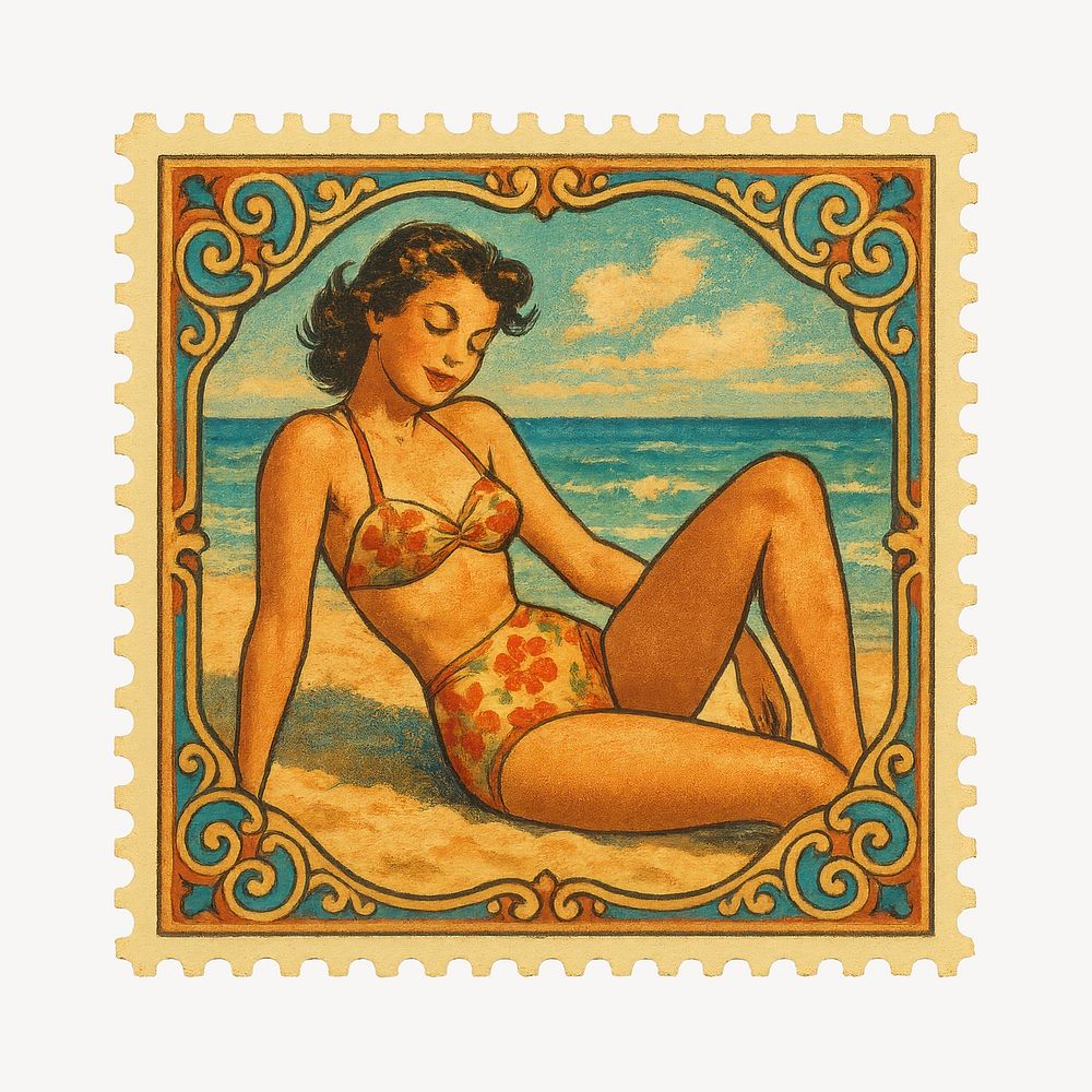 Vintage beach pin-up illustration | Free Photo Illustration - rawpixel