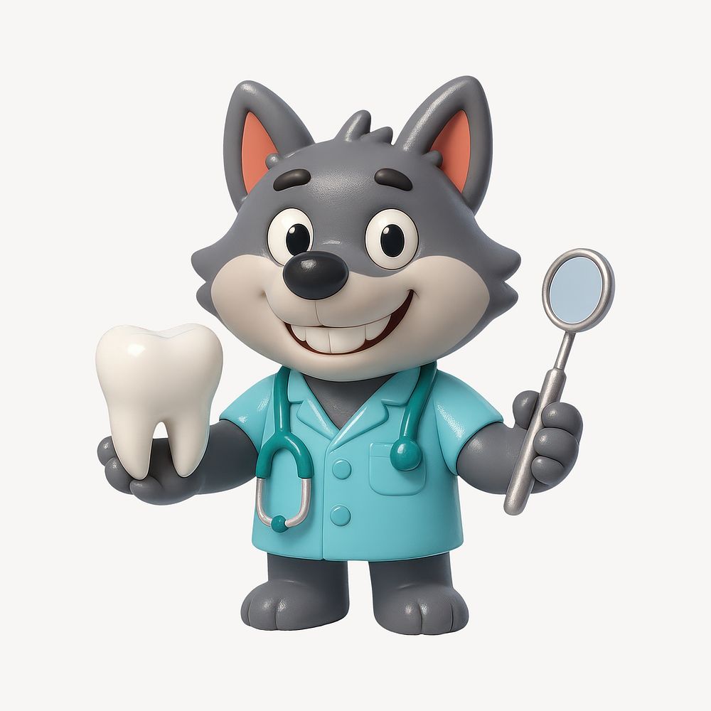 Cartoon wolf dentist holding tools | Free Photo Illustration - rawpixel