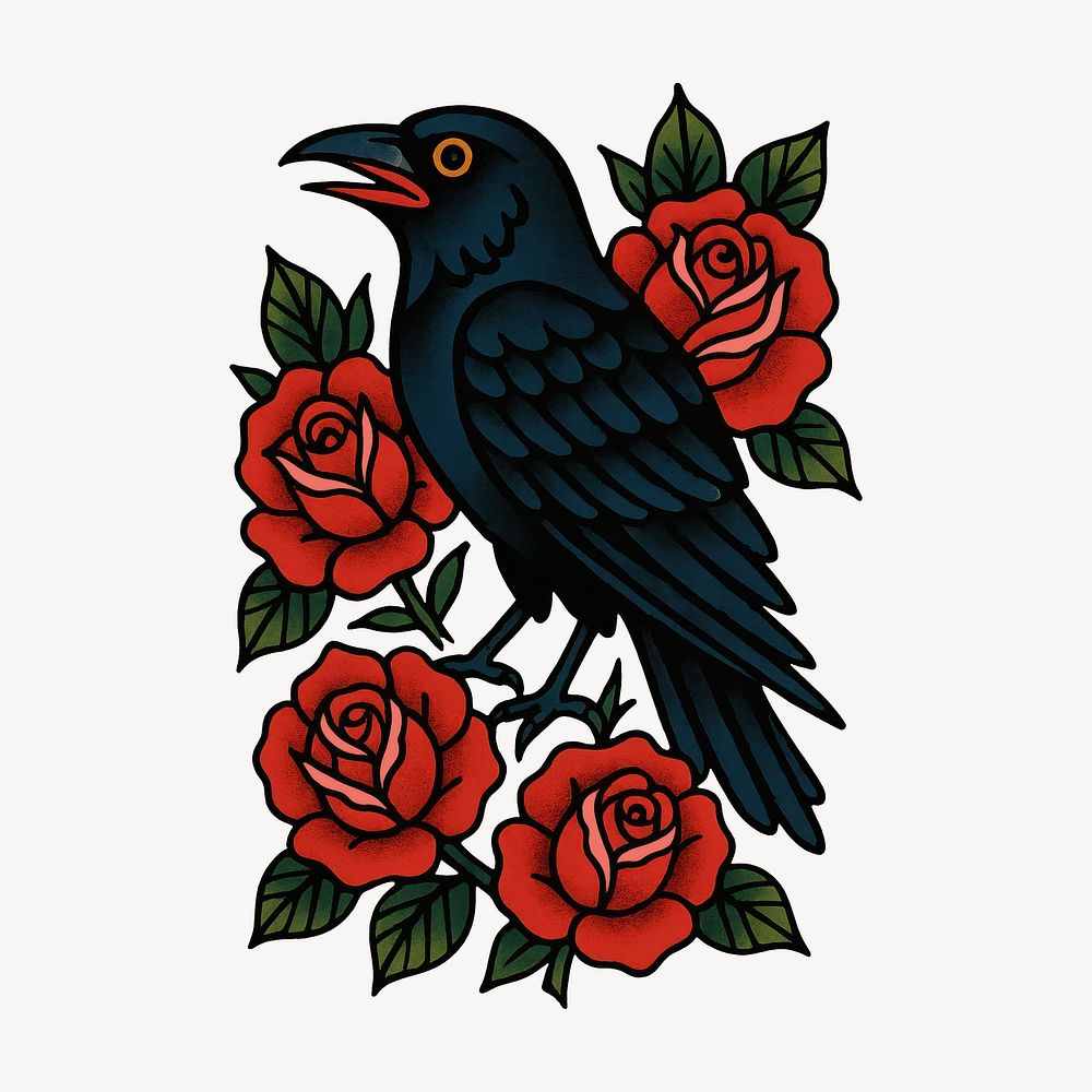 Raven surrounded by roses | Free Photo Illustration - rawpixel