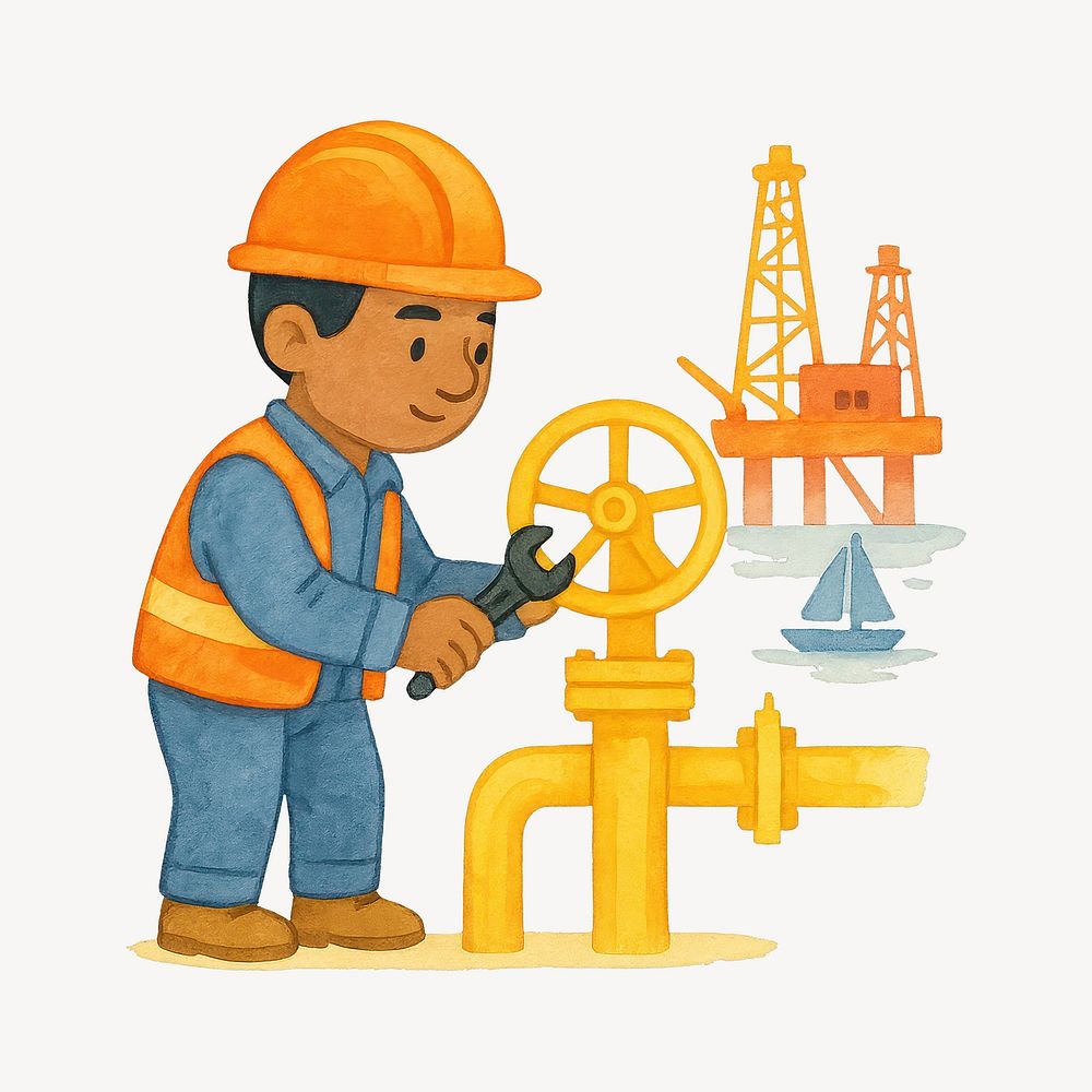 Cartoon worker adjusts offshore valve | Free Photo Illustration - rawpixel