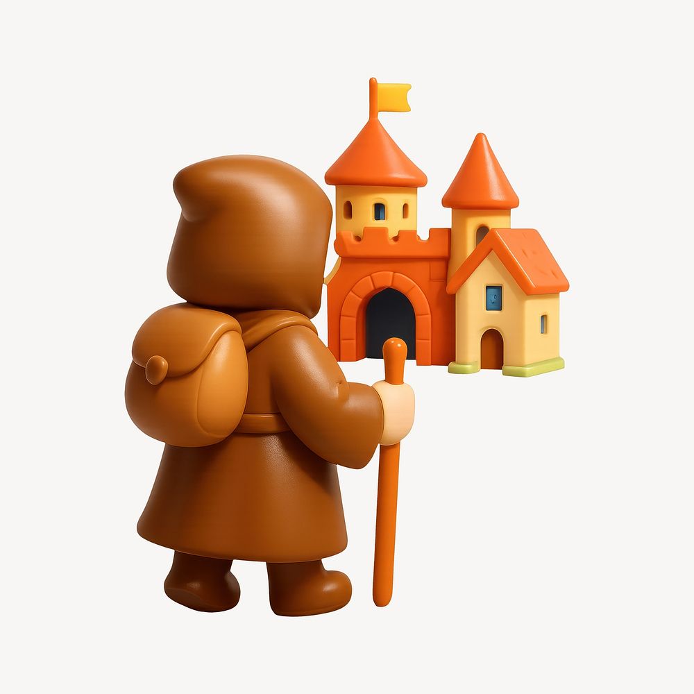 Traveler approaches whimsical medieval castle | Free Photo Illustration ...