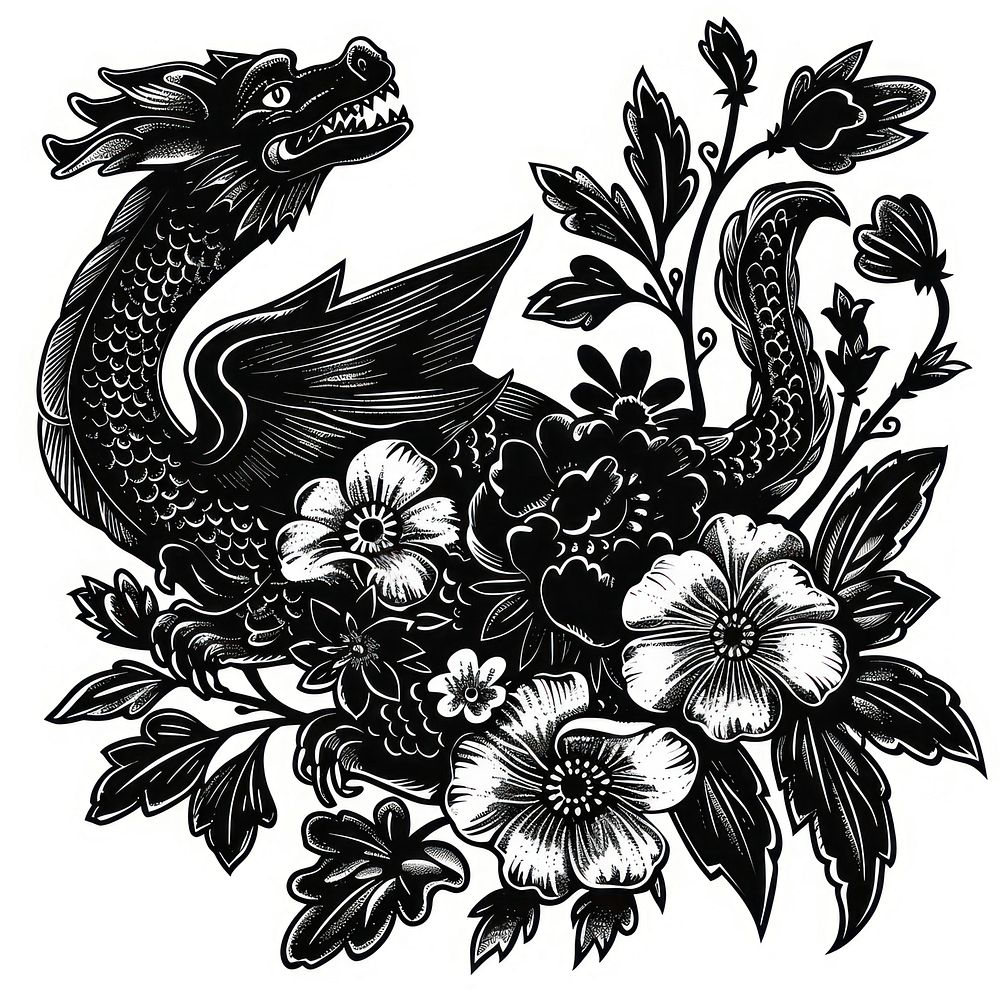 Dragon and flowers illustration graphics | Free Photo Illustration ...