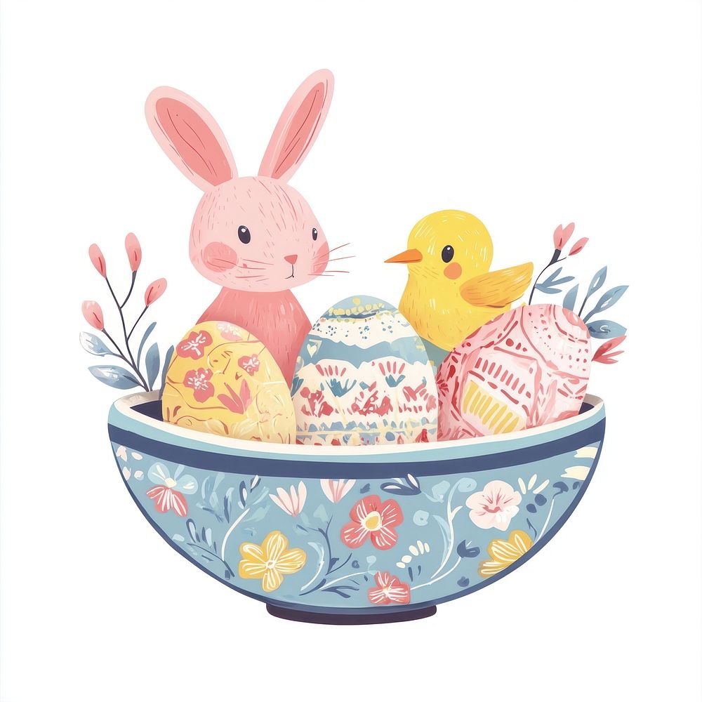 Chick rabbit easter eggs bowl | Free Photo Illustration - rawpixel