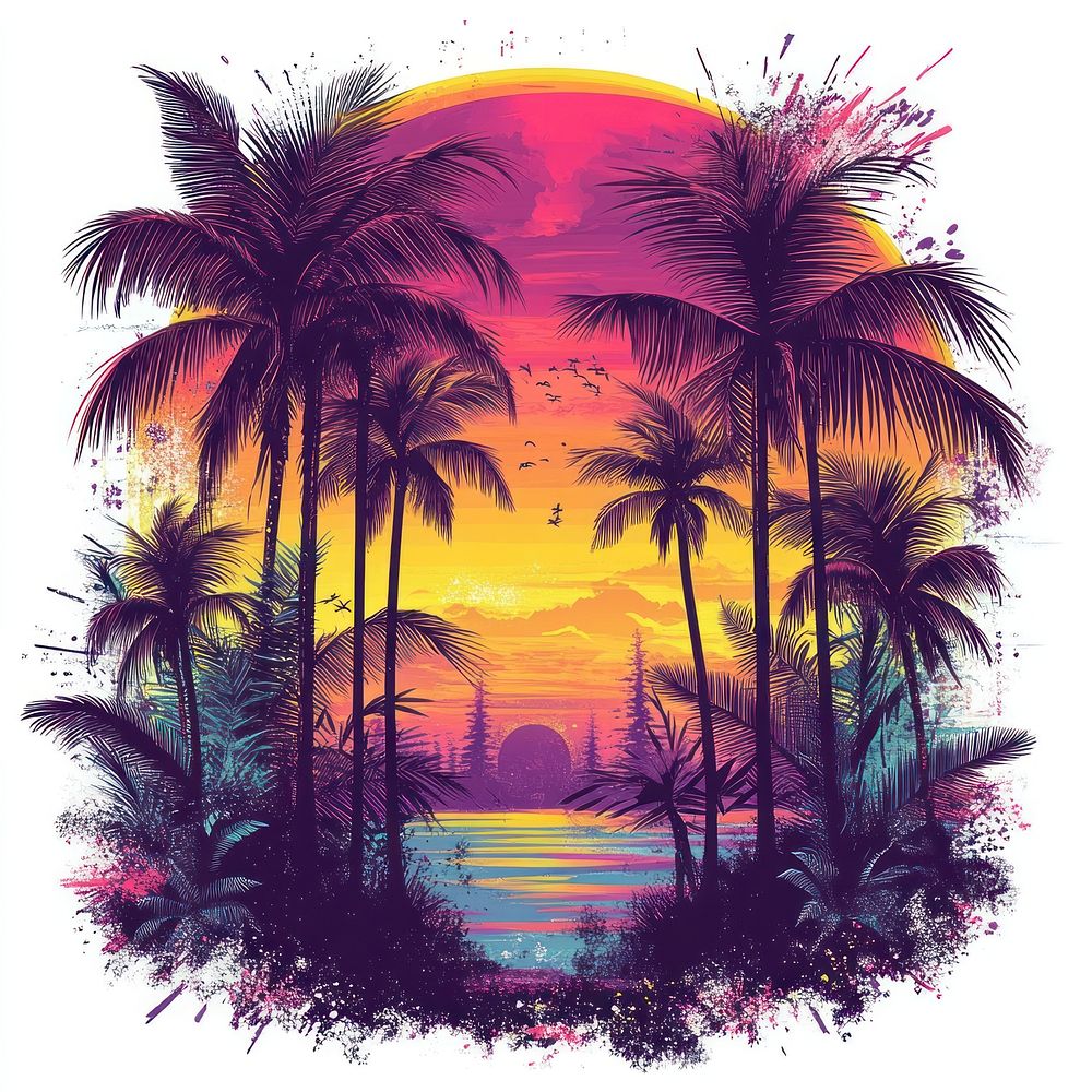 Tropical Sunset vector tropical trees | Free Photo Illustration - rawpixel