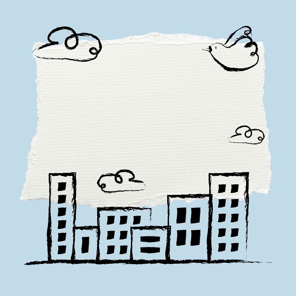 Blue buildings doodle frame, ripped | Free Photo - rawpixel