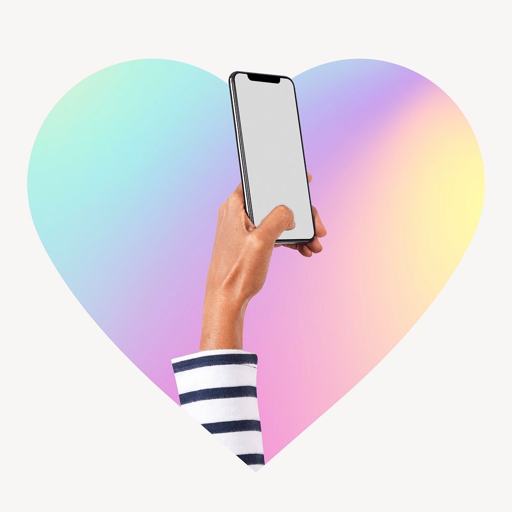 Hand holding phone, heart badge | Free Photo - rawpixel