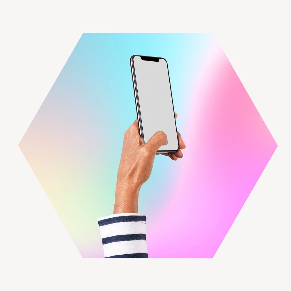 Hand using phone, hexagon badge | Free Photo - rawpixel
