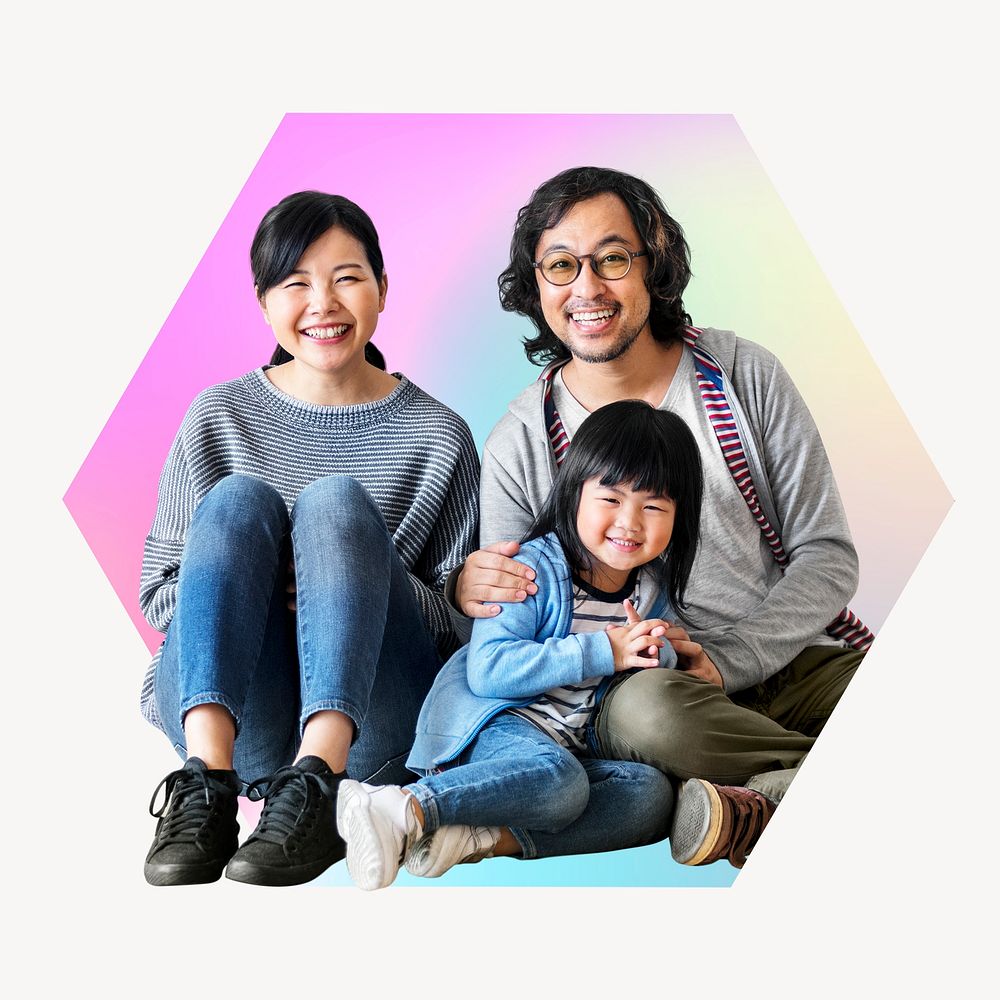 Happy Asian family, hexagon badge | Free Photo - rawpixel