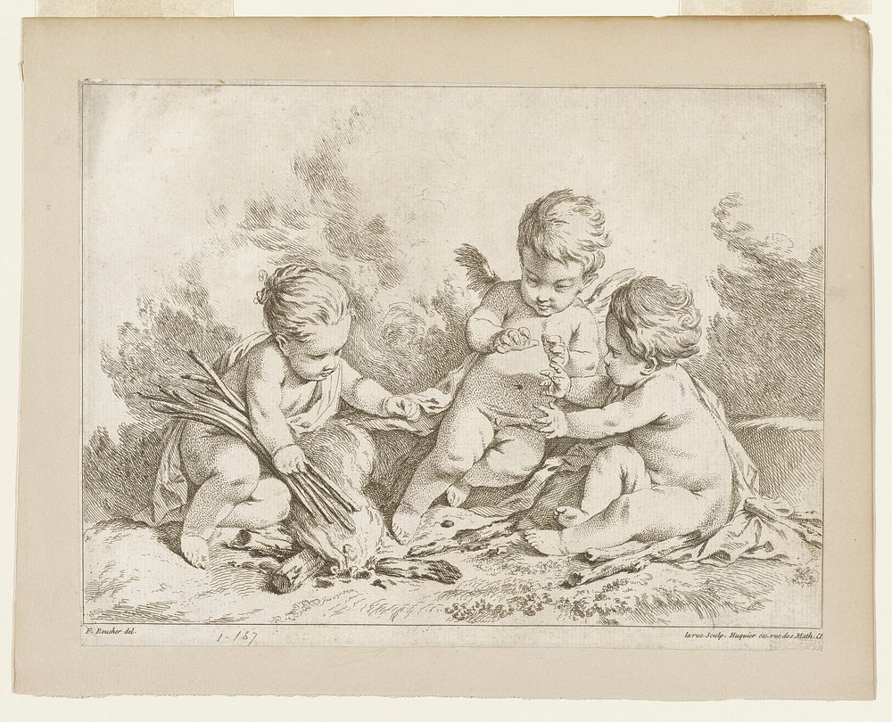 Three putti seated fire; putti | Free Photo Illustration - rawpixel