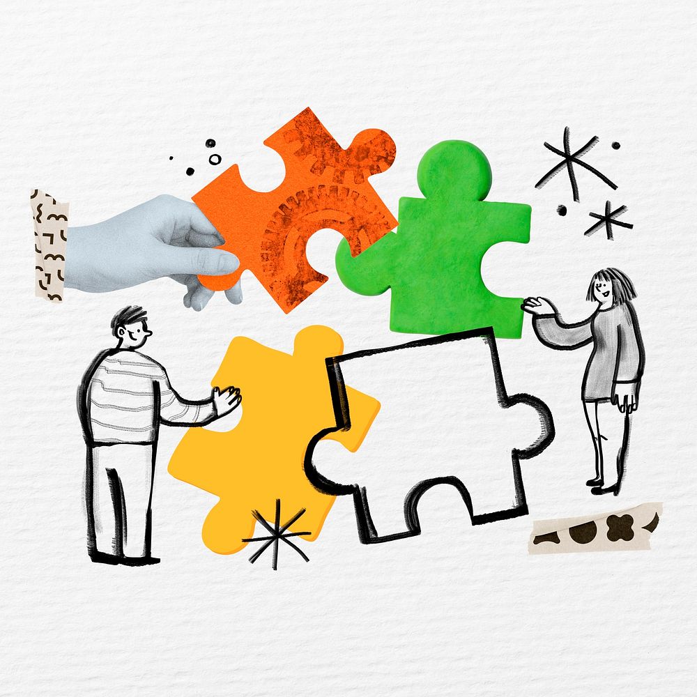 People solving puzzle, teamwork doodle | Premium Photo Illustration ...