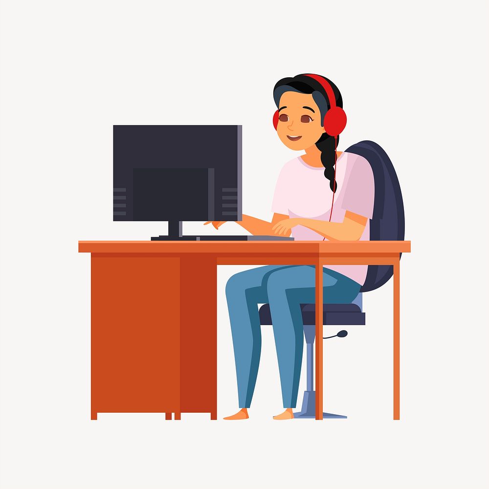 Woman using computer clipart, illustration | Free PSD - rawpixel