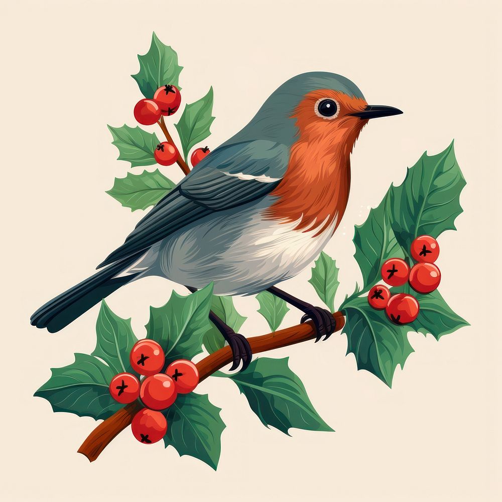 Robin animal holly plant. | Premium Photo Illustration - rawpixel