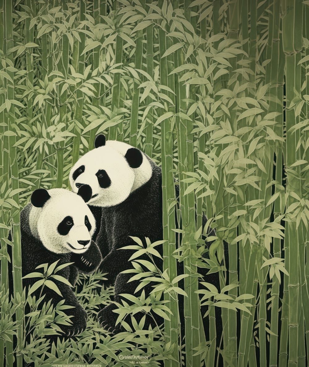 Pandas dancing bamboo nature plant. | Free Photo Illustration - rawpixel