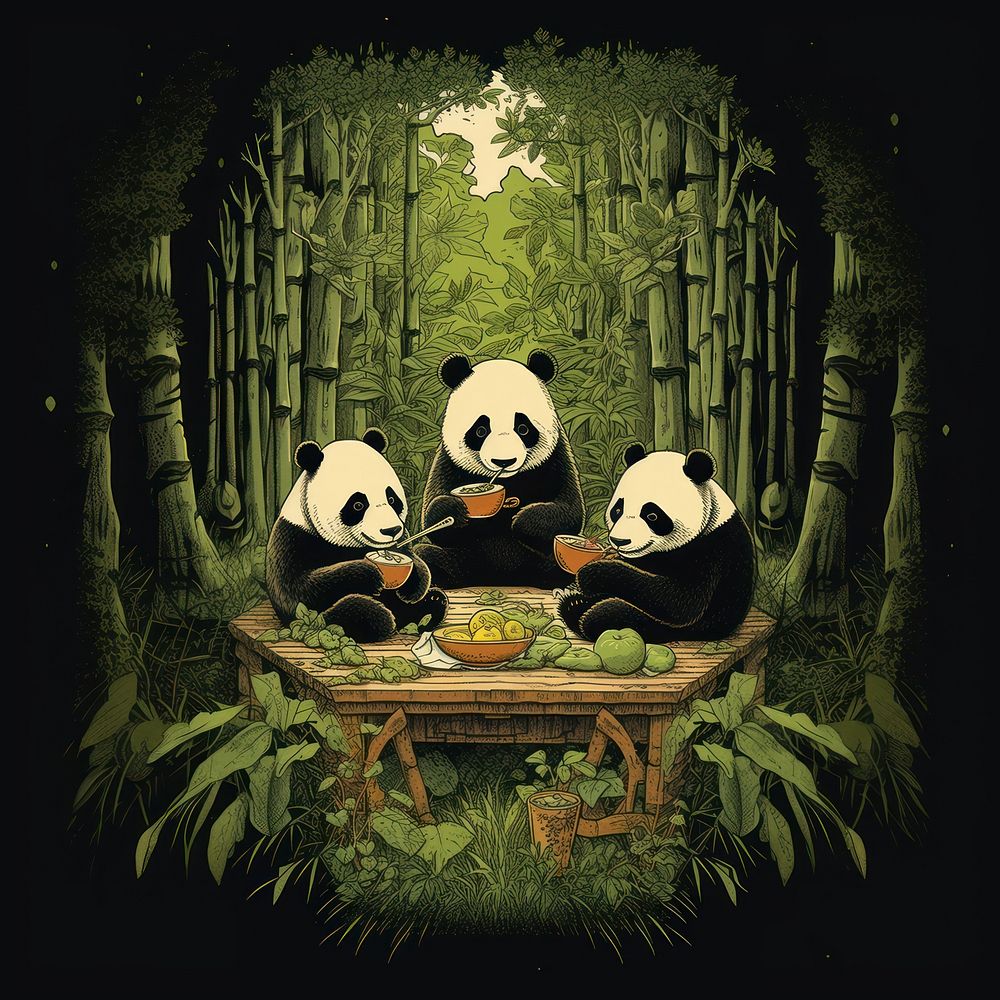 Pandas eatng bamboo picnic nature | Premium Photo Illustration - rawpixel
