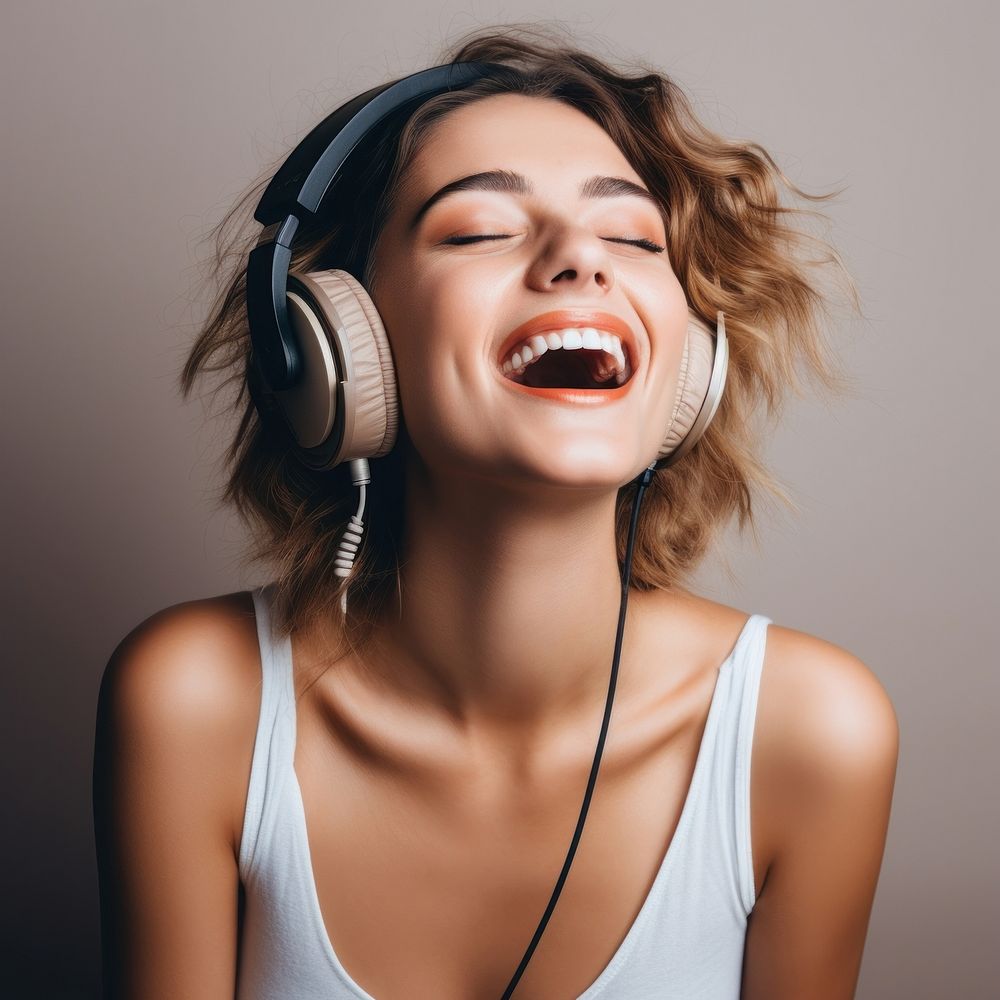 Woman headphones laughing shouting. AI | Premium Photo - rawpixel