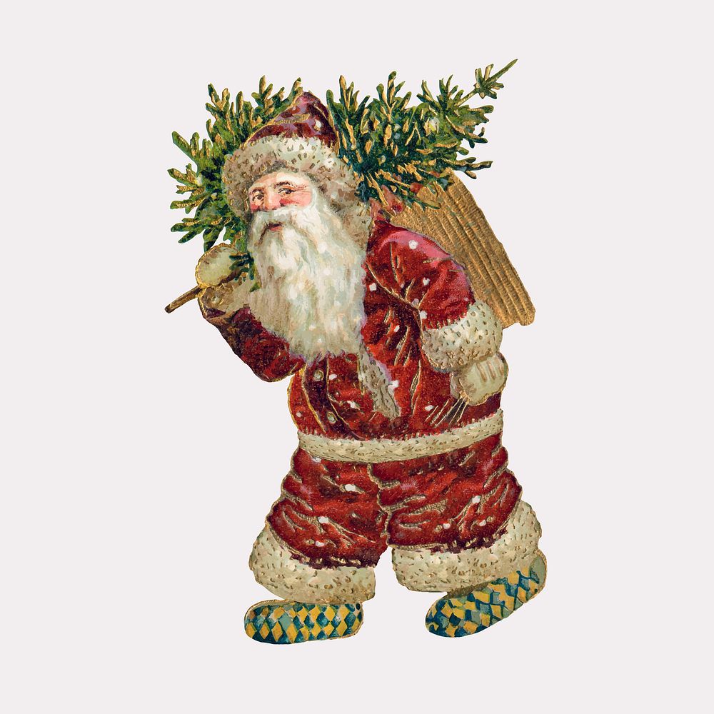 Vintage Santa carrying Christmas tree | Free Vector Illustration - rawpixel