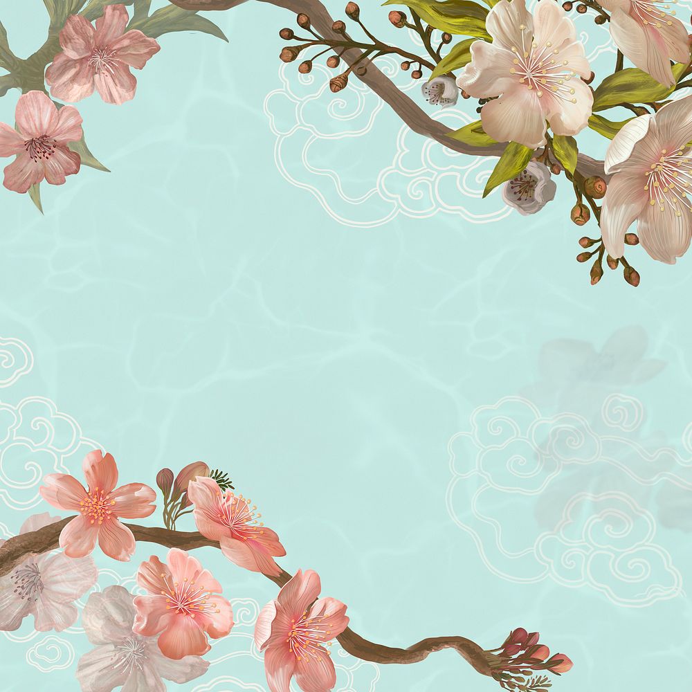 Oriental blue background, pink Sakura | Premium PSD - rawpixel