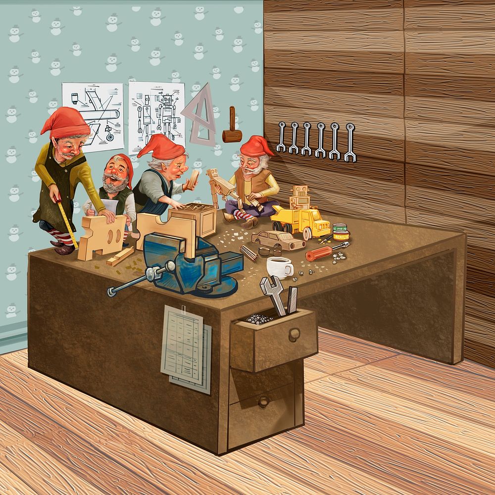 Group of elves working in a Santa's | PSD Illustration - rawpixel