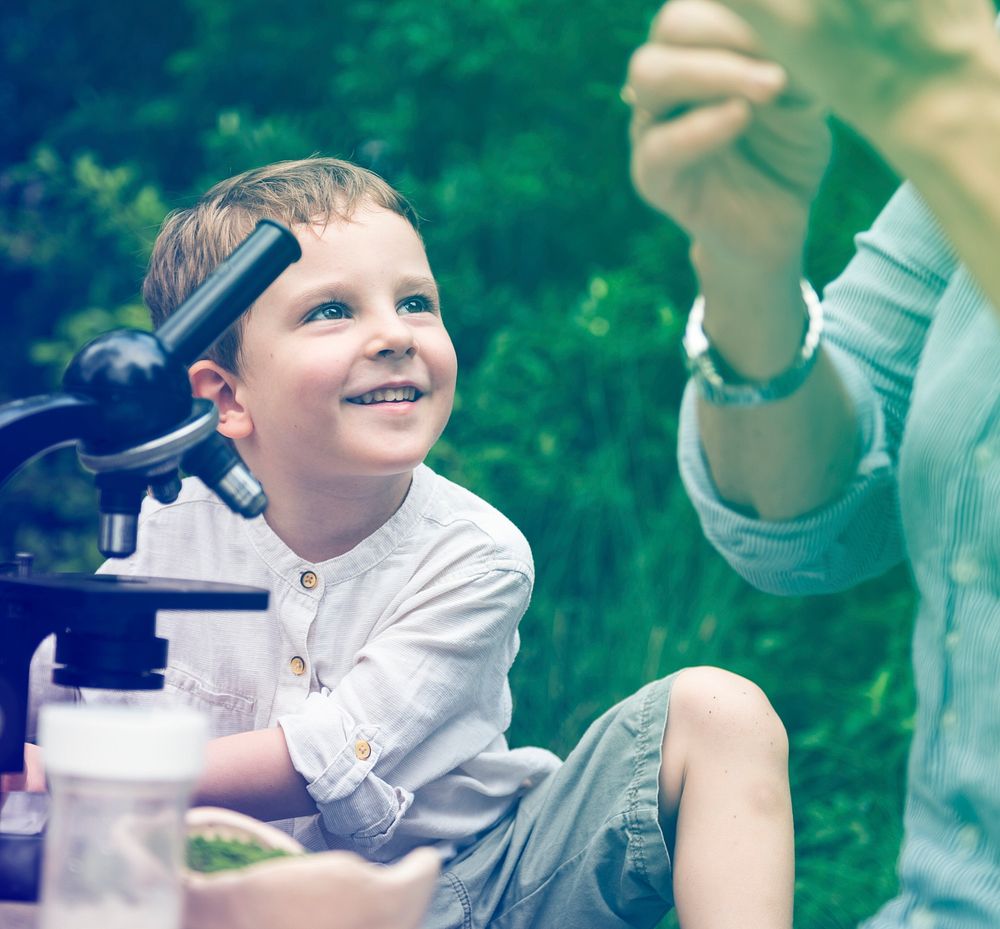 Grandson learning science microscope grandparents | Premium Photo ...