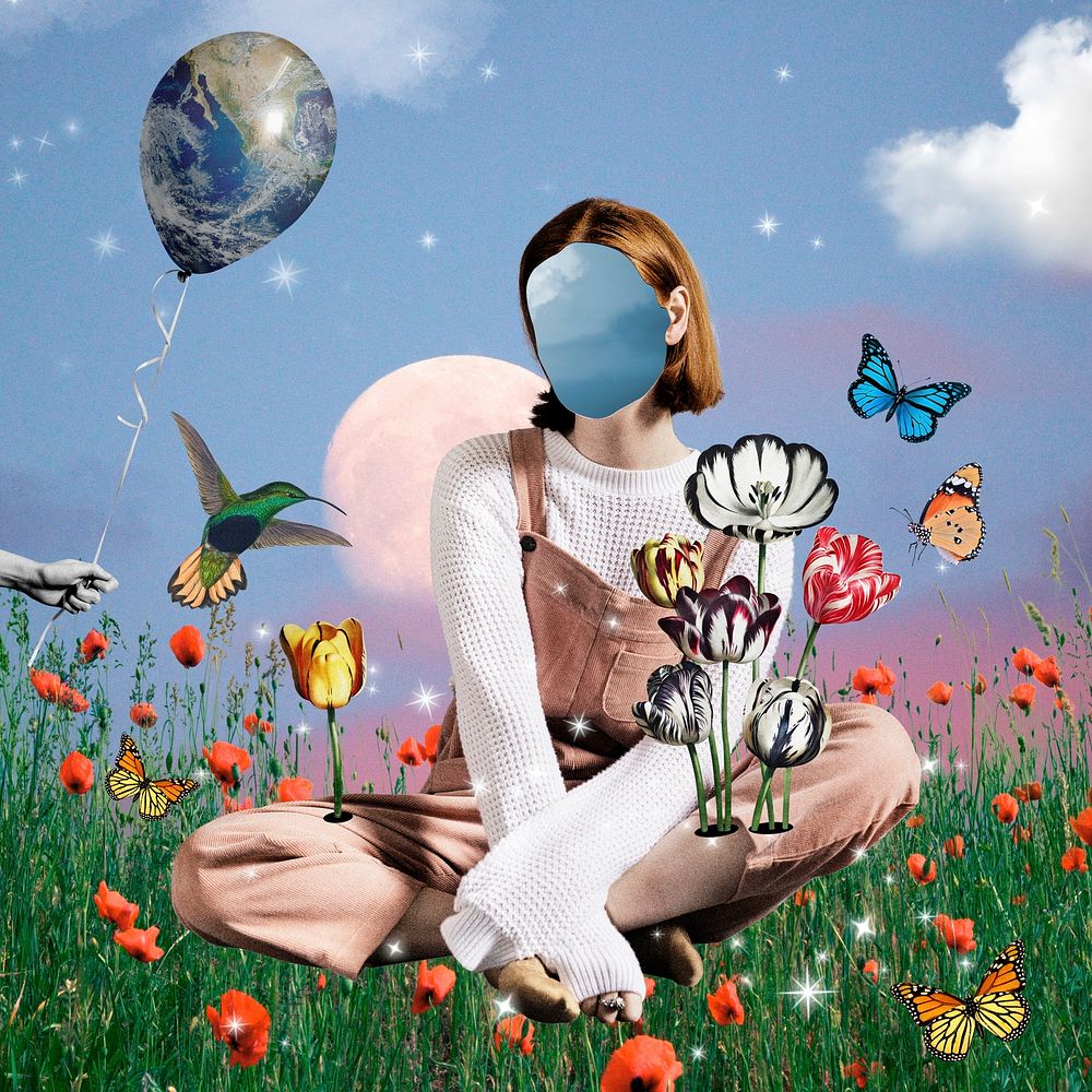 Aesthetic flower field collage element, | Premium Photo Illustration ...