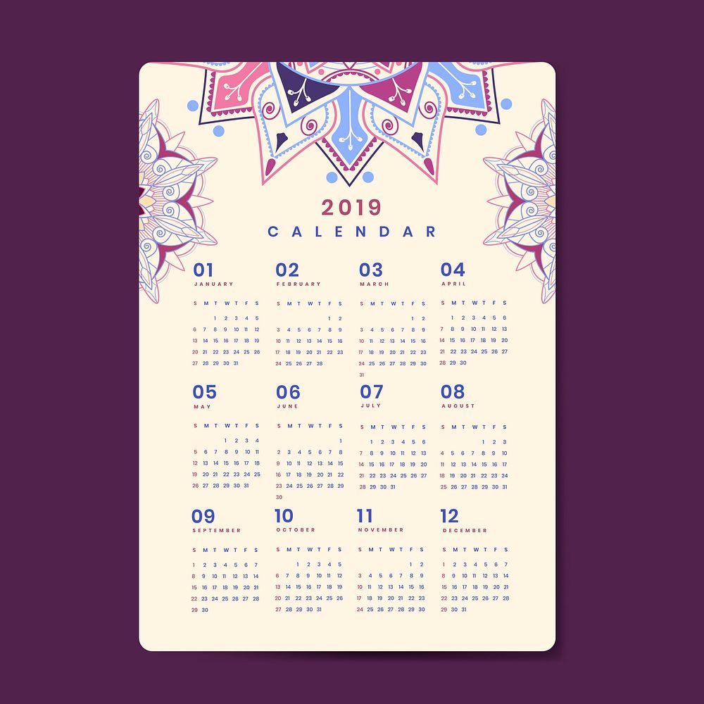 Mandala calendar 2019 vector poster | Free Vector - rawpixel