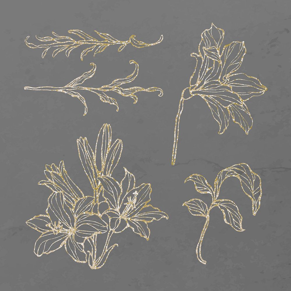 Gold floral outline set | Premium PSD - rawpixel