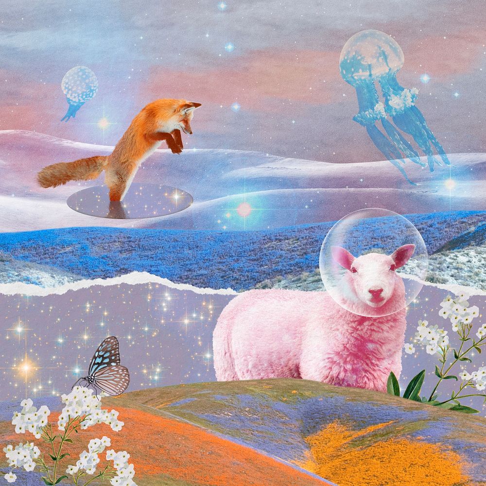 Animal surreal escapism collage background, | Premium Photo ...